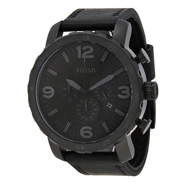 Fossil Nate Chronograph Black Dial Black Leather Strap Watch for Men